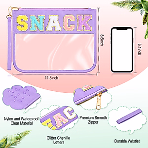 Remerry 4 Pack Chenille Letter Bag Clear Monogram Cosmetic Makeup Bag Travel Snack Beach Stuff Patch Pouch Preppy Gifts for Women Girls(Pink, Beige, Purple, Blue, Novel)