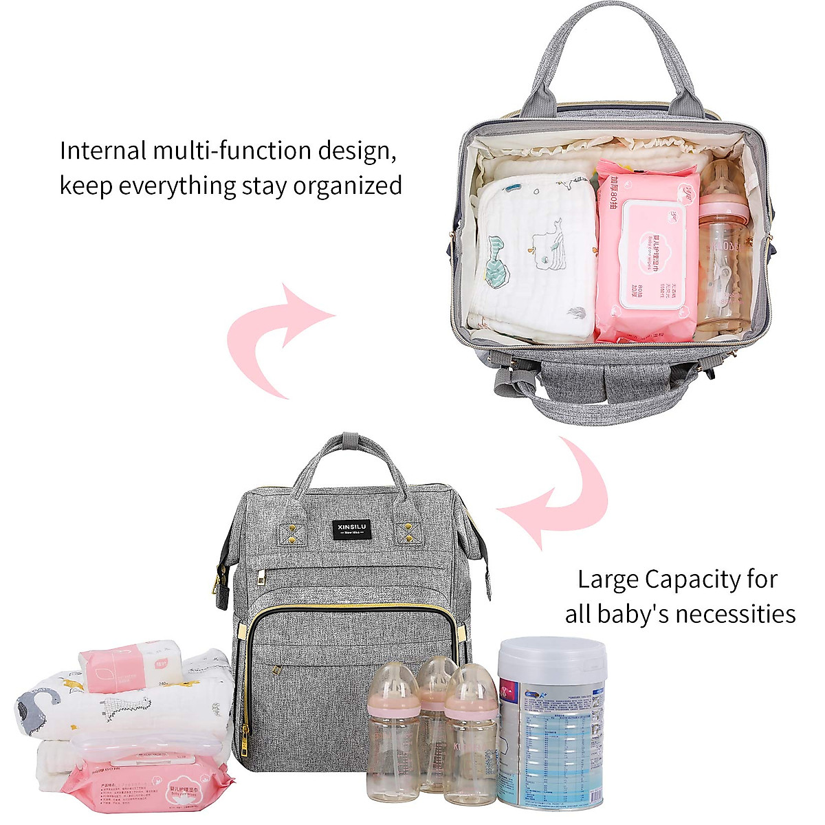 Diaper Bag Backpack Nappy Bags for Mom and Dad Diaper Bag with USB Charging Port Stroller Straps Thermal Pockets,Water Resistant, New Gray