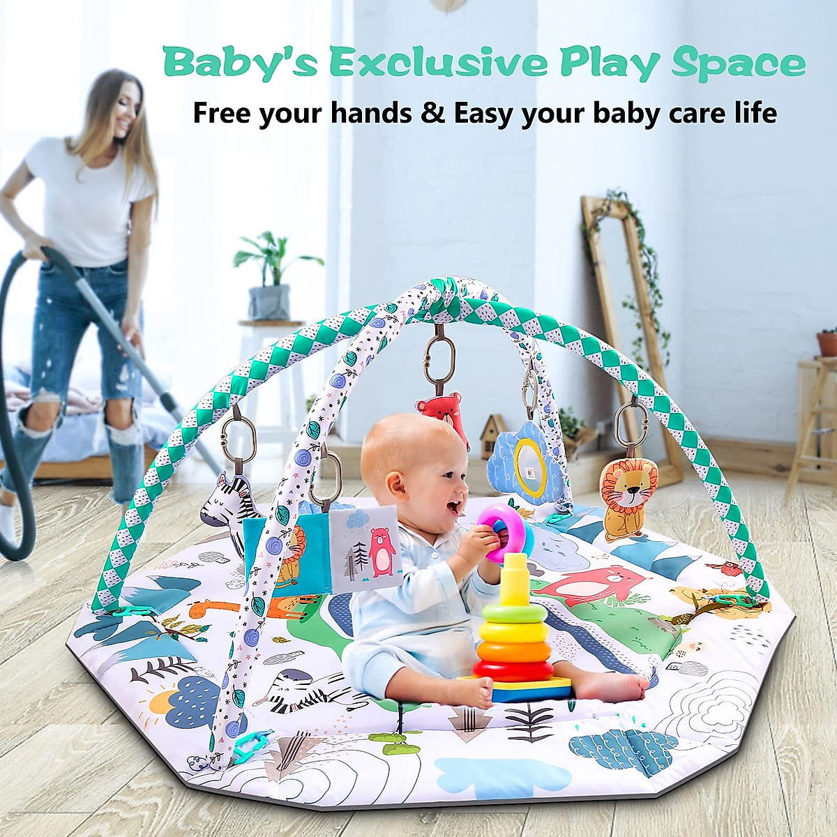 Bellababy Tummy Time Mat, 4-in-1 Baby Gym Activity Play Mat & Ball Pit, with High Contrast Toys & Self-Discovery Mirror & Tummy Time Pillow for Sensory and Motor Skill Development (Blue)