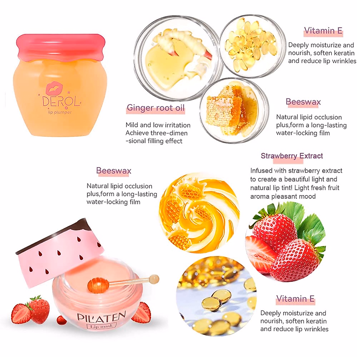 SWETIYOU Lip Plumper Lip Mask Set, Lip Plumper Gloss Lip Injection, Strawberry Propolis Moisturizing Lip Sleeping Mask, Hydrating & Prevention Dry and ed Lip Scrubs Exfoliator (Ginger and Strawberry)