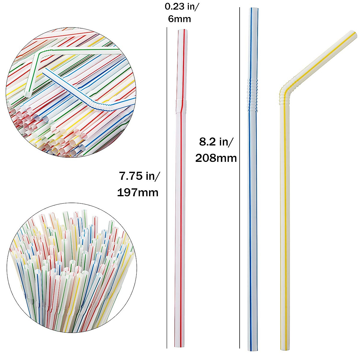 ALINK 500-Pack Striped Flexible Drinking Straws, Plastic Disposable Bendy Straws - 7.75" x 0.23"