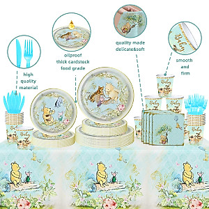 CAILESS Blue Winnie Bear Baby Shower Decorations, 156pcs Classic The Pooh Bear Baby Shower Party Supplies Included Plates Cups Napkins Cutlery Tablecloth Set Serves 25 Guests for Newborn Boy Birthday