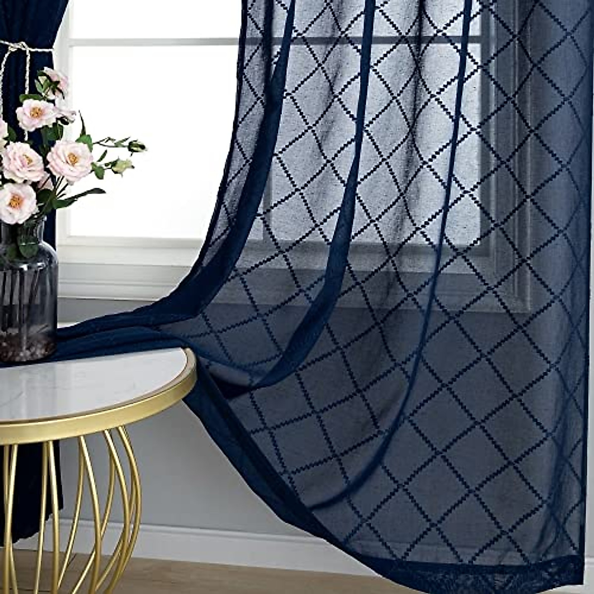 KOUFALL Navy Blue Curtains 84 Inch Length for Living Room 2 Panels Set Grommet Semi Sheer Light Filtering Curtains for Bedroom
