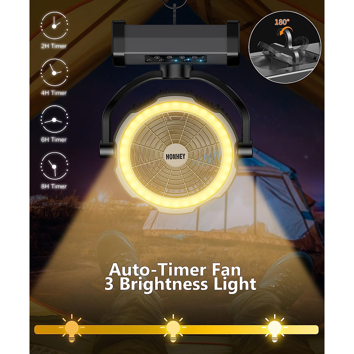 HonHey Portable Battery Operated Fan Camping Essentials, 10000mAh Rechargeable Fan with oscillation LED Light, 9 inch Outdoor Fan with Remote 270° Rotation 4 Speeds Personal Fan for Tent Picnic Travel