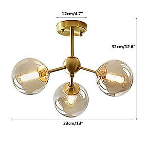 KCO Lighting Glass Globe Sputnik Chandelier 3-Light Brass Gold Close to Ceiling Light Mid Century Flush Mount Ceiling Light for Kitchen Island Bedroom Bathroom (3-Lights)