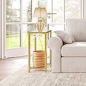 HOOBRO End Tables Set of 2, Side Table with Charging Station, 2-Tier Nightstands with Storage Shelves, Small Space Bedside Table, Telephone Table, Tempered Glass, Living Room, Gold GD56UBZP201