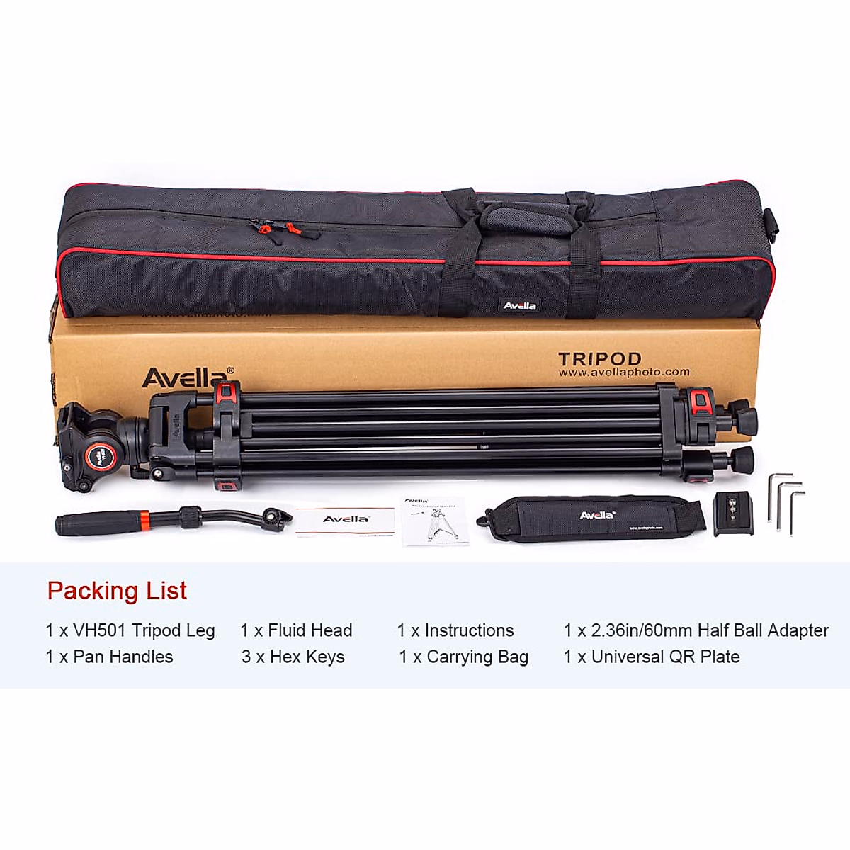 Avella VH501 Video Tripod System,72 inch Professional Heavy Duty Aluminum Tripod, with Detachable Fluid Drag Pan Tilt Head Max Loading 13.2 LB, for Canon Nikon Sony Olympus Panasonic DSLR Camcorder