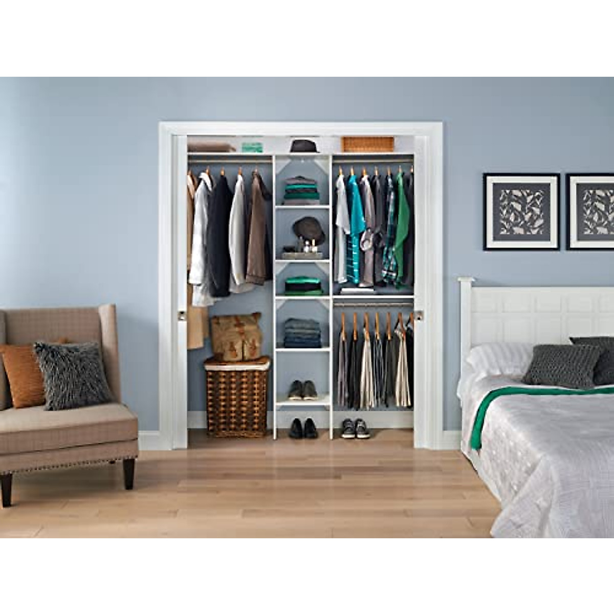 ClosetMaid SuiteSymphony Wood Closet Organizer Kit with Tower, 3 Hang Rods, Top Shelves, Adjustable, Fits Spaces 5 - 9 ft. Wide, Pure White