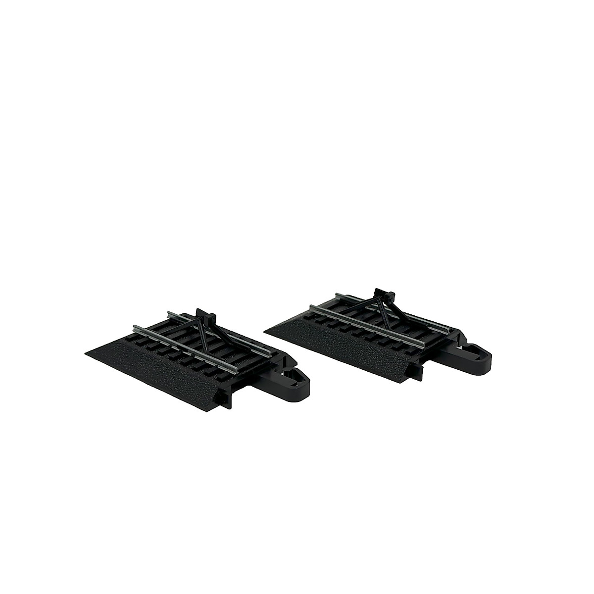 Bachmann Trains - Snap-Fit E-Z TRACK HAYES BUMPERS (2/card) - STEEL ALLOY Rail With Black Roadbed - HO Scale Grey, 8
