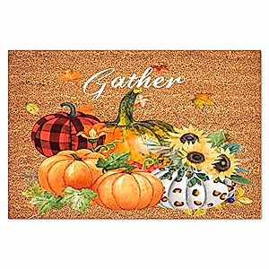 Entrance Mat Pumpkin Sunflower Maple Leaves Farmhouse Thanksgiving Funny Coir Doormat with Heavy Duty Fall Gather Coir Mat Outdoor - Front Door Entryway Mats Housewarming Gift 16x24in