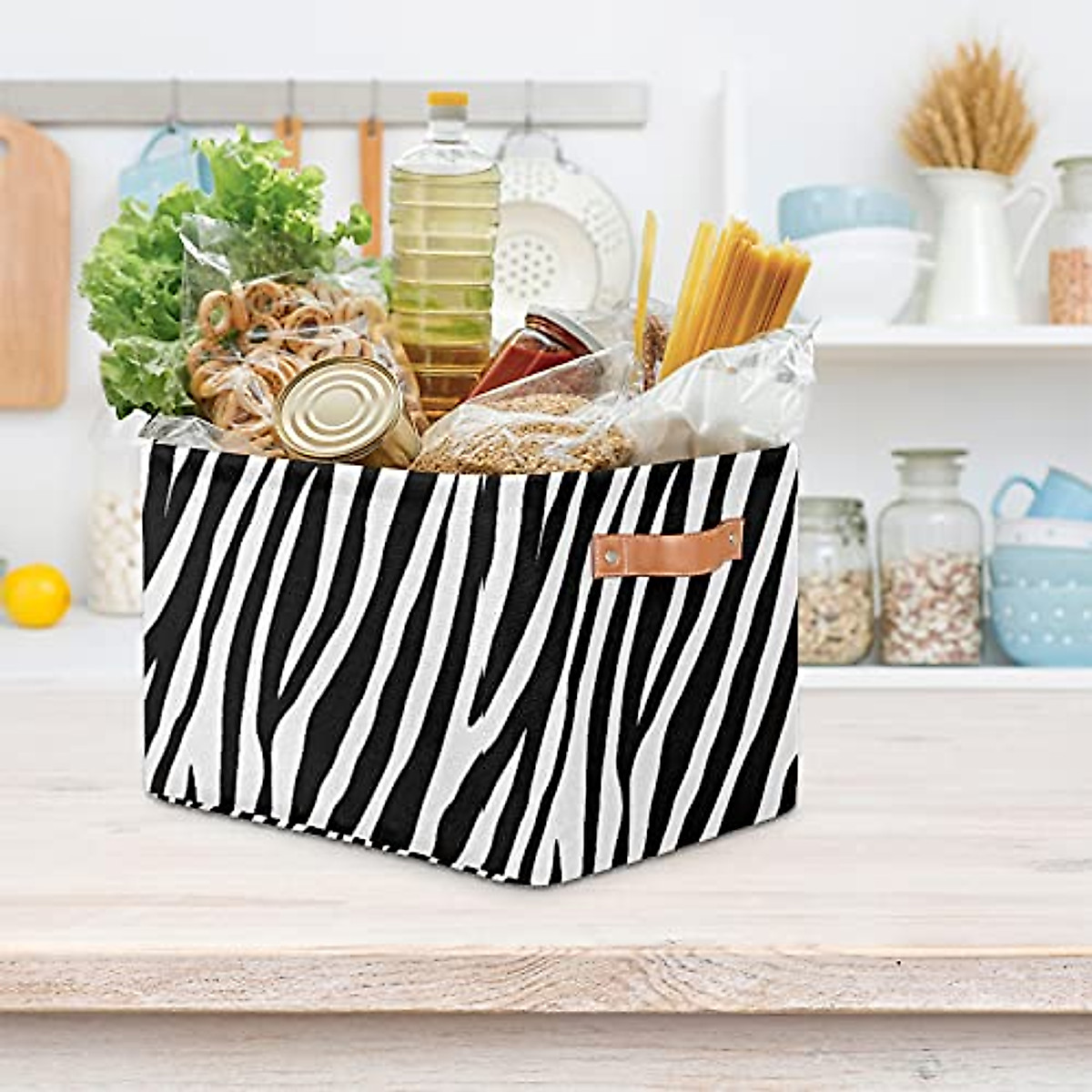 Storage Baskets Bin, Animal Zebra Skin Printed Collapsible Canvas Fabric Storage Bin Decorative Baskets Toy Organizer Rectangle Storage Boxes with Handles for Home Shelves Nursery,1Pack