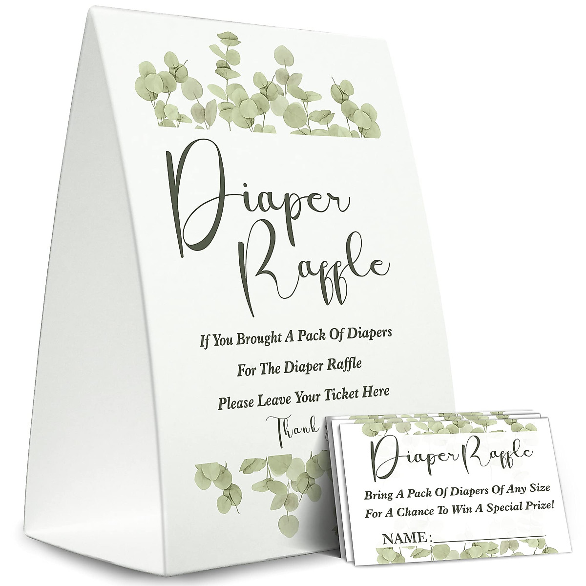Diaper Raffle Sign,Diaper Raffle Baby Shower Game Kit (1 Standing Sign + 50 Guessing Cards),Greenery Insert Ticket,Baby Showers Decorations,Card for Baby Shower Game to Bring a Pack of Diapers-XN04