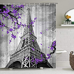 DuoBaorom 4 Pieces Set Building Shower Curtain Set Eiffel Tower Leaning Tower Big Ben Purple Flower on Non-Slip Rugs Toilet Lid Cover Bath Mat and Bathroom Curtain with 12 Hooks 72x72inch
