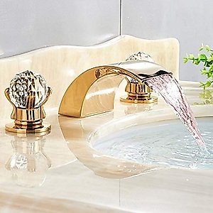 NeierThodore LED Widespread Bathroom Faucet Waterfall Gold Polished Lavatory Faucets Basin Mixer Tap 2 Crystal Knobs 3 Holes