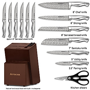 Knife Set, Damascus Kitchen Knife Set with Block, Built-in Knife Sharpener, German Stainless Steel Knife Block Set, Dishwasher Safe