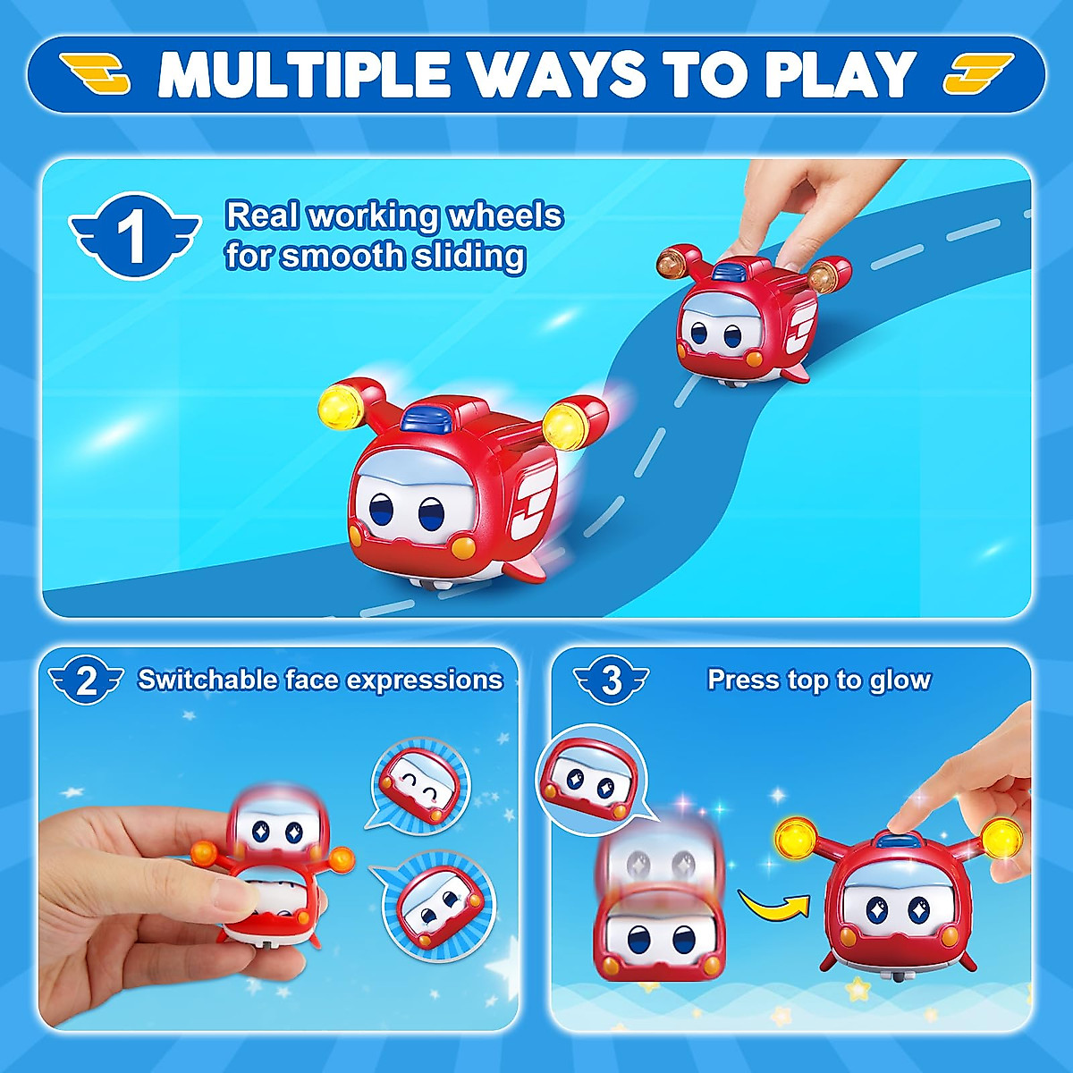 Super Wings Toys, 4 PCS Super Pet Sets, Glow and Face-Changing Transformer Toys Jett Donnie Paul Dizzy Pet, Stacking Toys for Toddlers Kids 3 4 5 6 7 Year Old