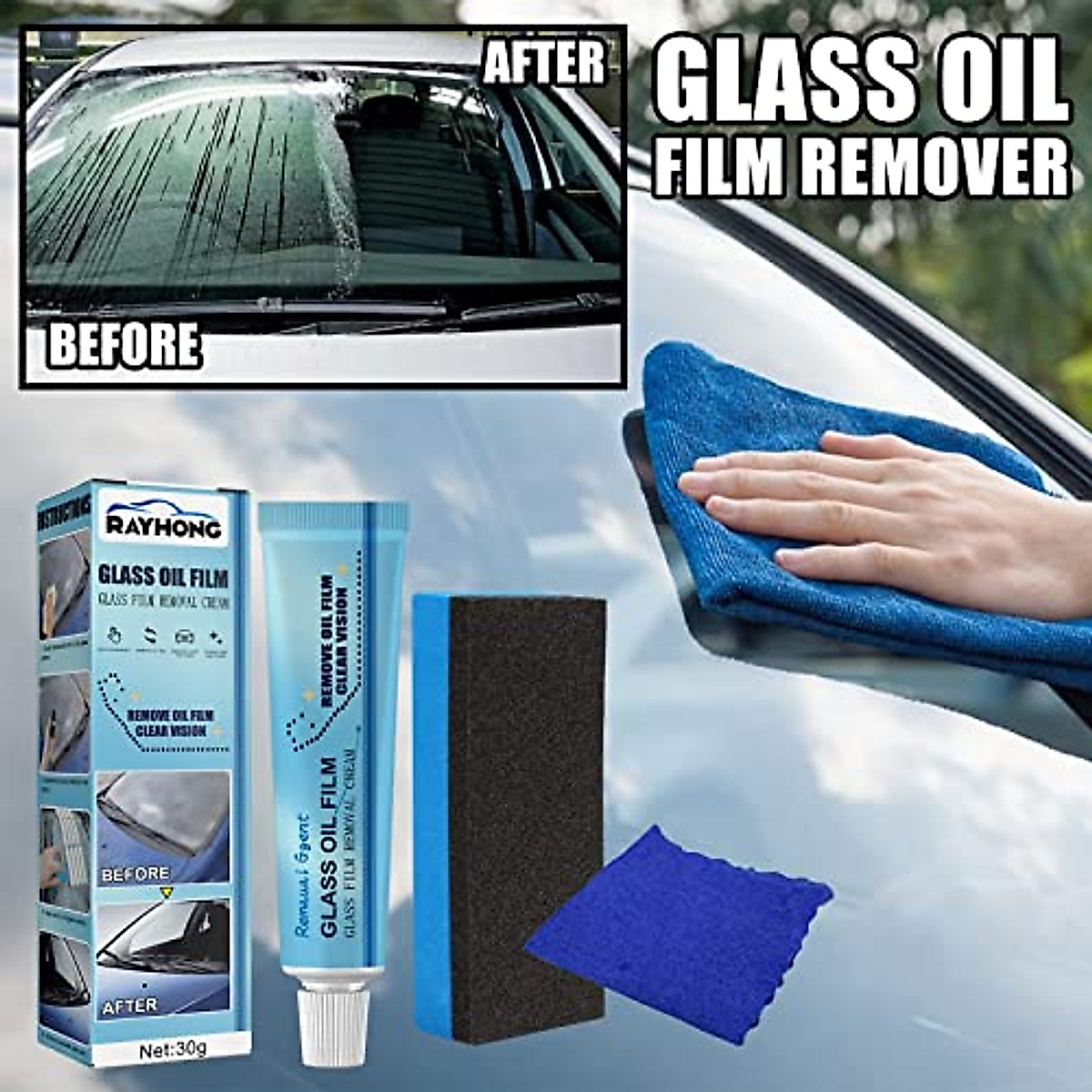 LONGLUAN Car Glass Oil Film Cleaner, Glass Film Removal Cream with Sponge and Towel, Universal Car Windshield Oil Film Cleaner, Glass Stripper Water Spot Remover, Safety and Long-term Protection (3)