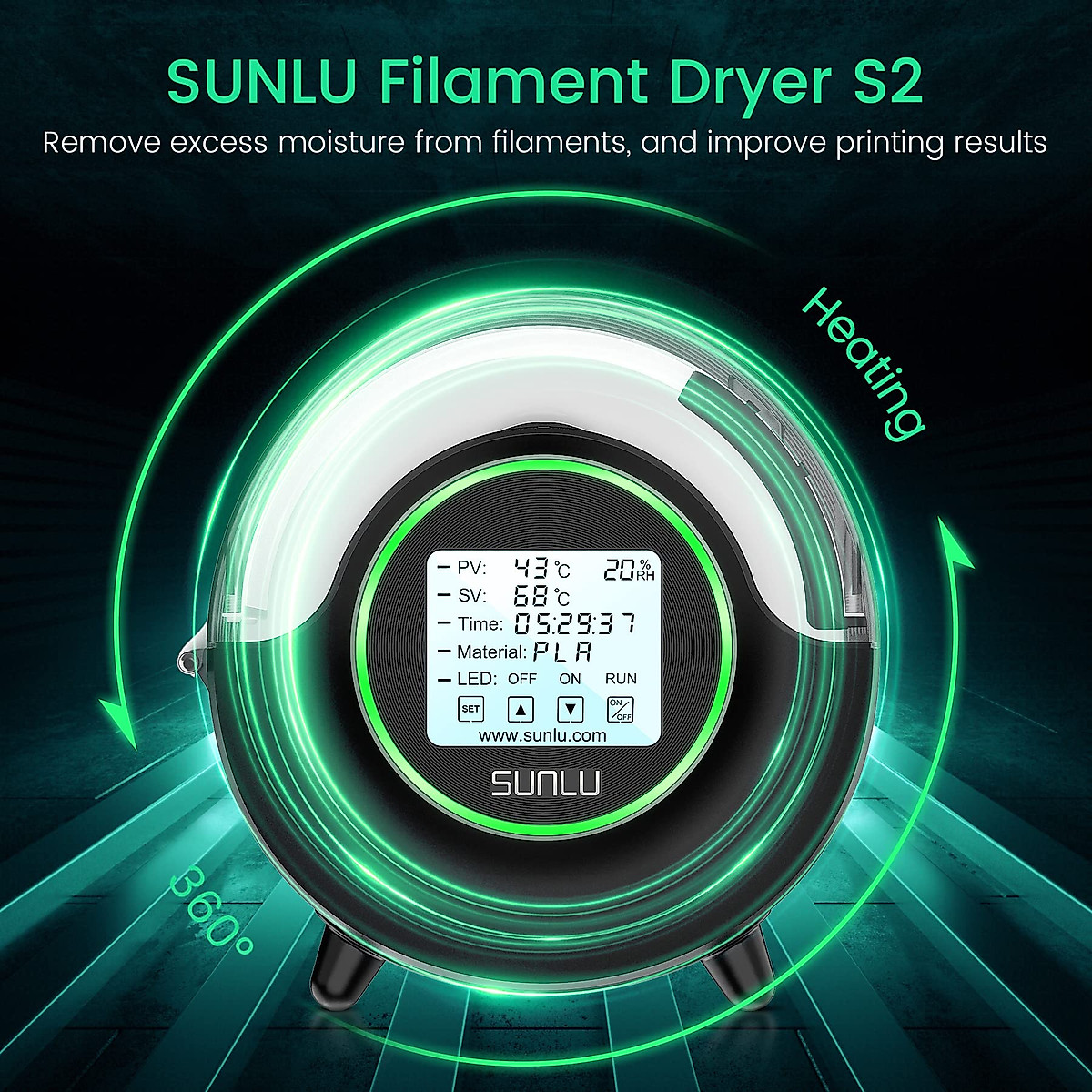 SUNLU 3D Printer Filament Dryer, FilaDryer S2 Storage Dry Box for 3D Printing, 360° Surround Heating, Large-Size Touch Screen, Remove Moisture from Wet Filaments, Spool Holder, Black