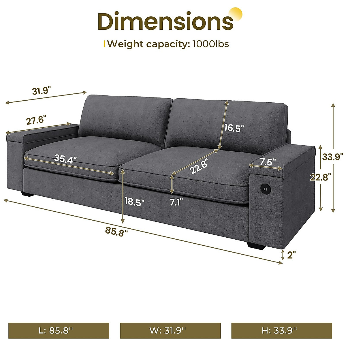 SEDETA Modern Couch, Comfy Couches for Living Room, Oversized Loveseat Sofa, Deep Seat Sofa with Storage and 2 USB Charging Ports, Removable Sofa Cover(Dark Grey Chenille)