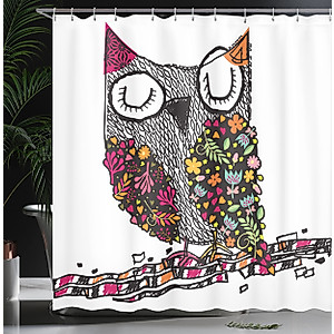 Ambesonne Owls Shower Curtain, Owl Shaped by Geometric Floral Blooms Plants Patterns Colorful Doodle Design, Cloth Fabric Bathroom Decor Set with Hooks, 69" W x 75" L, Multicolor