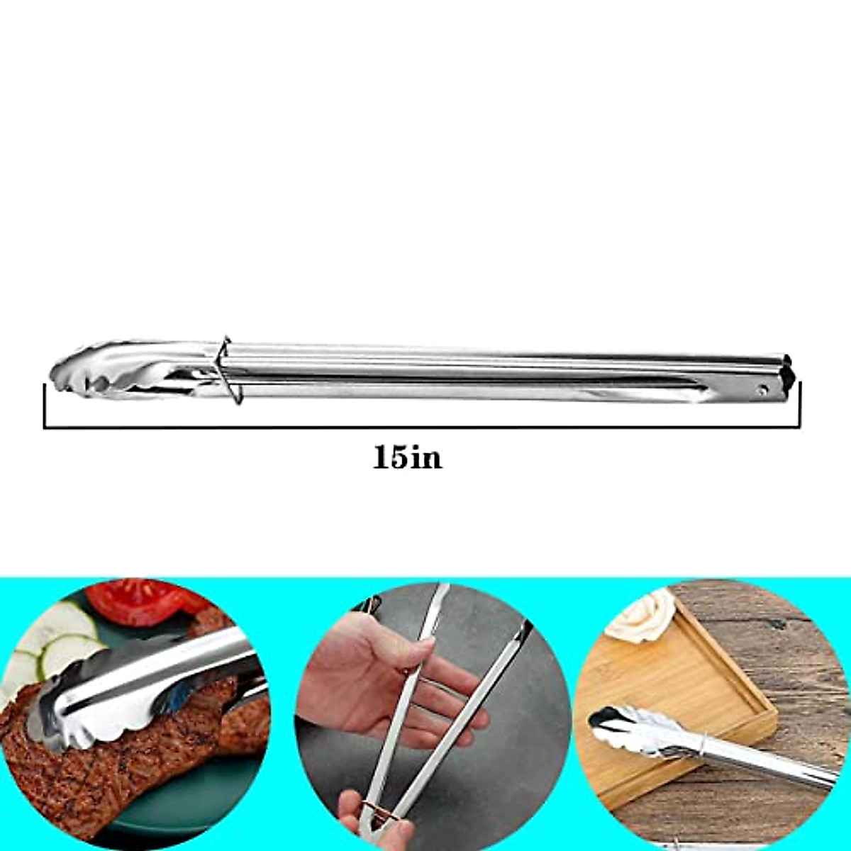 HLCM 15" Long Handle Grill Tongs - Non-Stick Stainless Steel Tongs, Barbecue tongs with Locking, BPA free, Great for grilling, flipping food, cooking, frying and BBQ (2PCS)