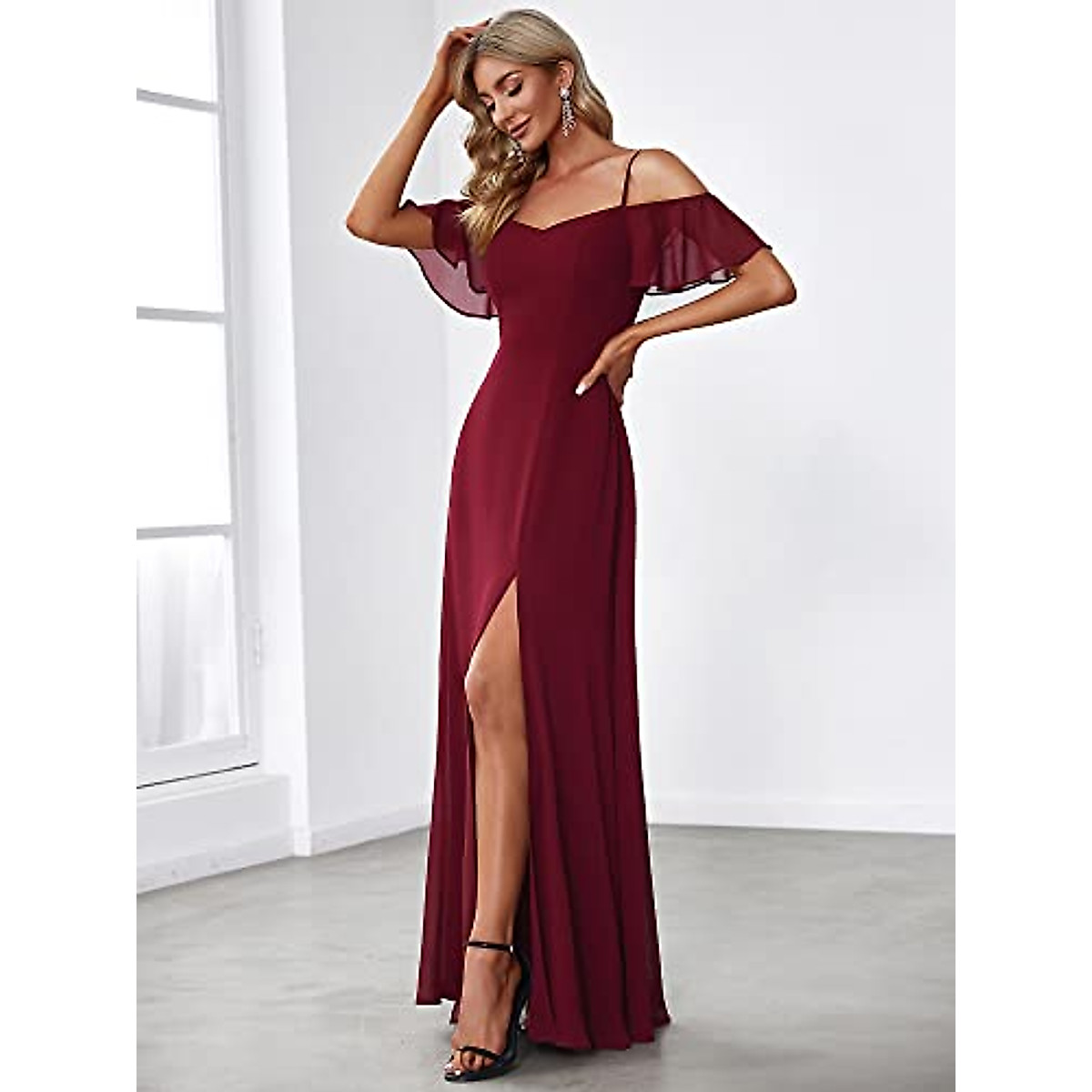 Ever-Pretty Women's Spaghetti Straps Chiffon Long Ruffle Sleeves Ball Gowns Holiday Dresses for Women Burgundy US12