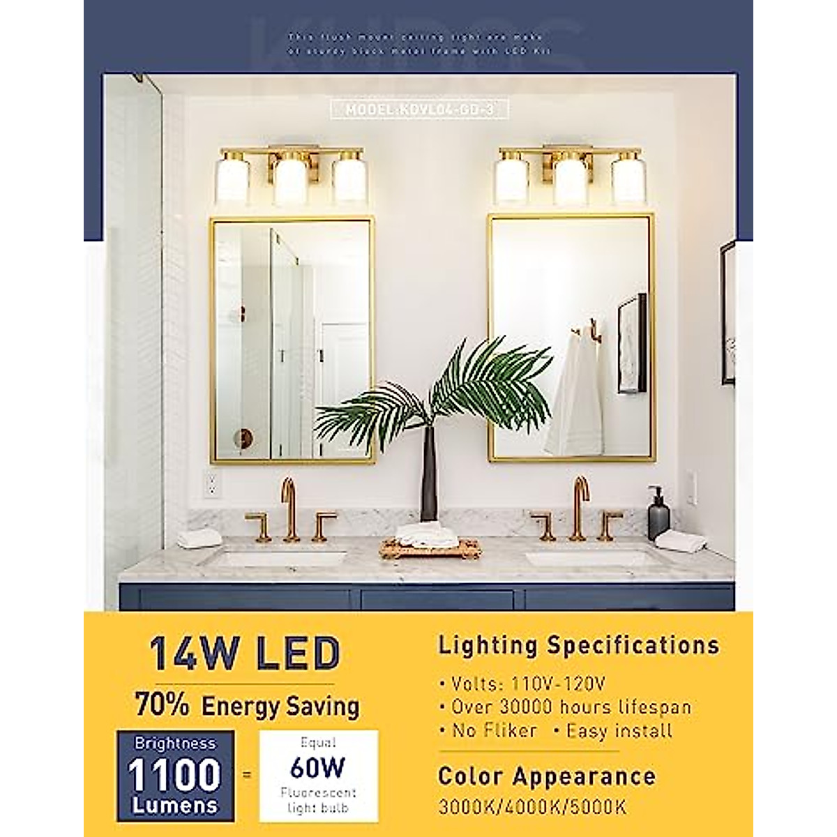 kudos LED Light Fixtures, 12 Inch Gold Flush Mount Ceiling Light Fixture and Brushed Gold Vanity Lights for Mirror, KDCL06-GD, KDVL04-GD-3