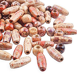 100 Pieces Round Printed Pattern Wooden Beads Oval Shape Wood Loose Spacer Beads for DIY Jewelry Making Hair Crafts, 2 Sizes