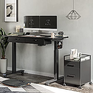 FEZIBO Adjustable Height Electric Standing Desk with Double Drawer, 55 x 24 Inches Stand Up Home Office Desk with Splice Tabletop, Black Frame/Black Top