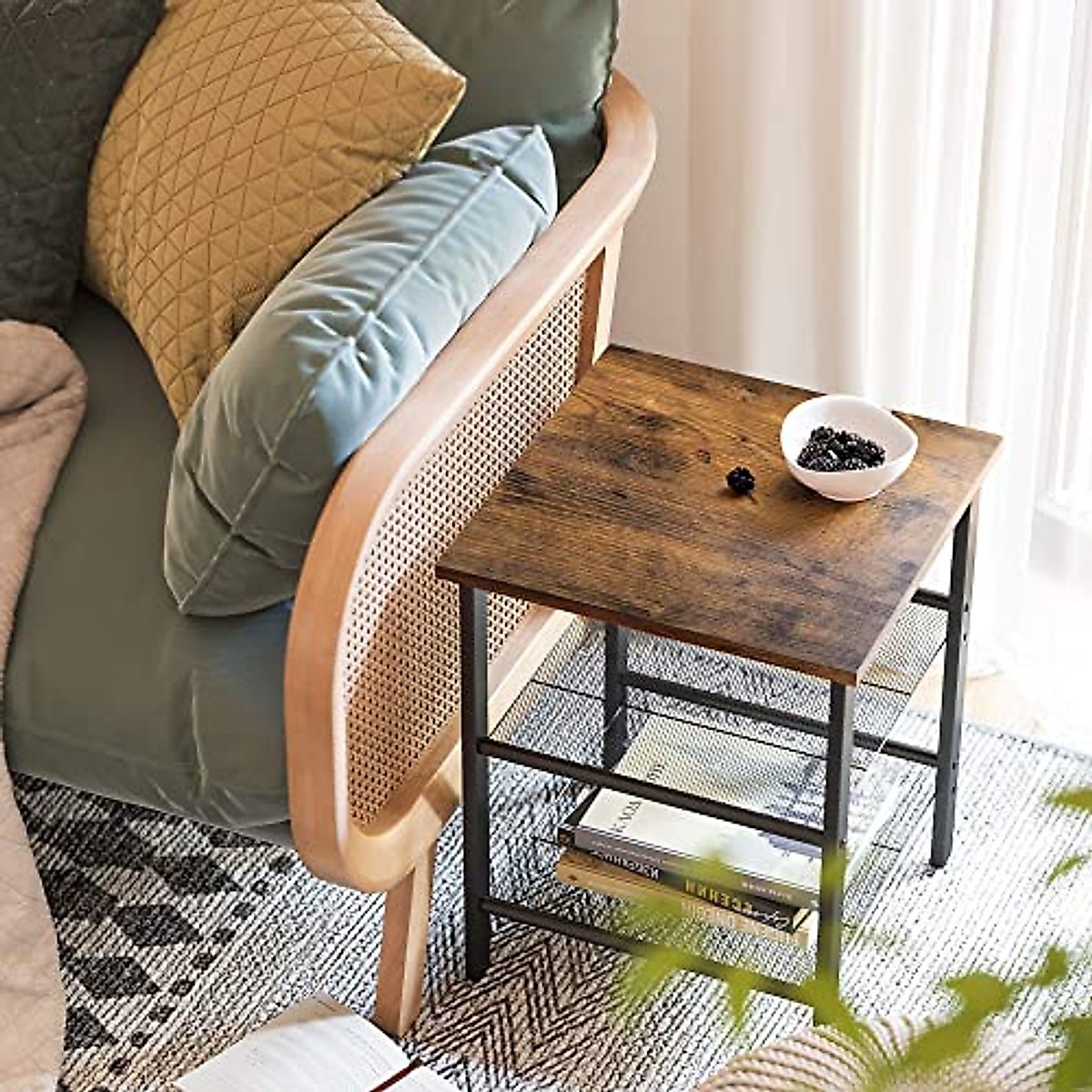 VASAGLE End Table, Nightstand with 2 Adjustable Mesh Shelves, Industrial Side Table for Living Room, Stable Metal Frame, Easy Assembly, Rustic Brown and Black ULET23X