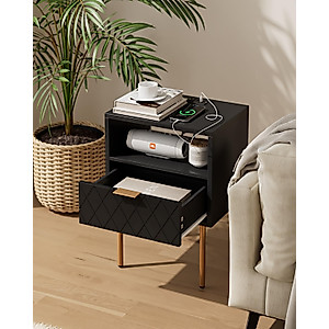 Aobafuir Nightstand with Charging Station, Drawer Dresser for Bedroom, Small Side Table with Drawer, Night Stand, End Table with Gold Frame for Bedroom, Living Room, Diamond Black