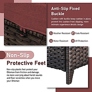 Outdoor Ottoman Set of 2 - PE Wicker Rattan Ottoman Patio Footstool for Deck Porch Balcony Garden - Brown/Red