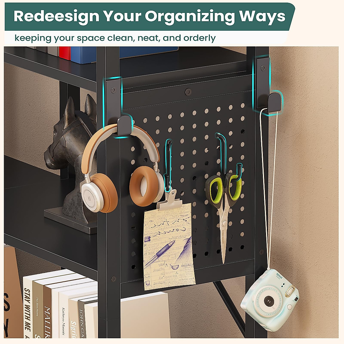 SEDETA 5 Tier Corner Bookshelf, Modern Corner Bookcase, Convertible Bookshelf with Storage Bag, Pegboard & LED Light, Tall Bookshelves for Bedroom, Living Room and Home Office, Black