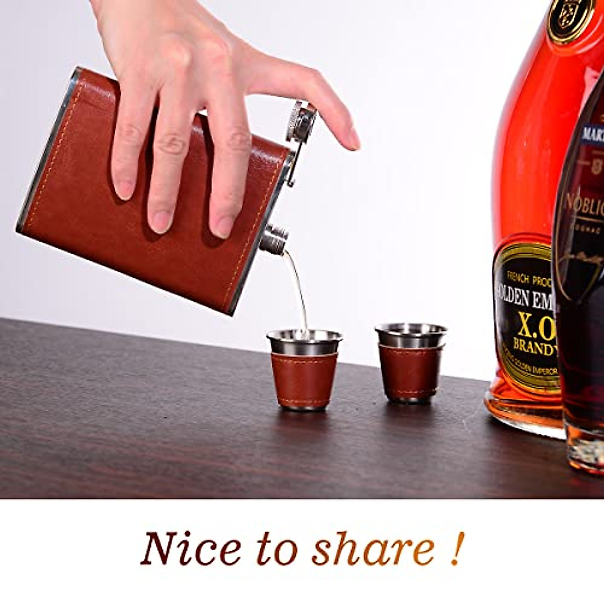 ULTRGEE Hip Flask, Leakproof Flasks [8oz] with 2 Cups & Funnel, Men’s Gift Flask for Whisky Liquor Spirits Adopted Stainless Steel & Brown PU Leather