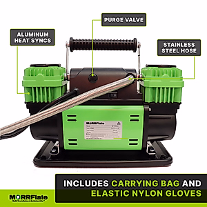 MORRFlate TenSix 10.6 CFM 150 PSI Portable 12v Off-Road Dual Cylinder Air Compressor with 4FT Stainless Steel Hose Includes Carrying Bag and Elastic Nylon Gloves