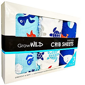 GROW WILD Crib Sheets for Boys (3 Pack), Baby Crib Sheets Soft & Fitted, Crib Mattress Sheet or Toddler Bed Sheets | Crib Sheet Ocean Whale Turtle