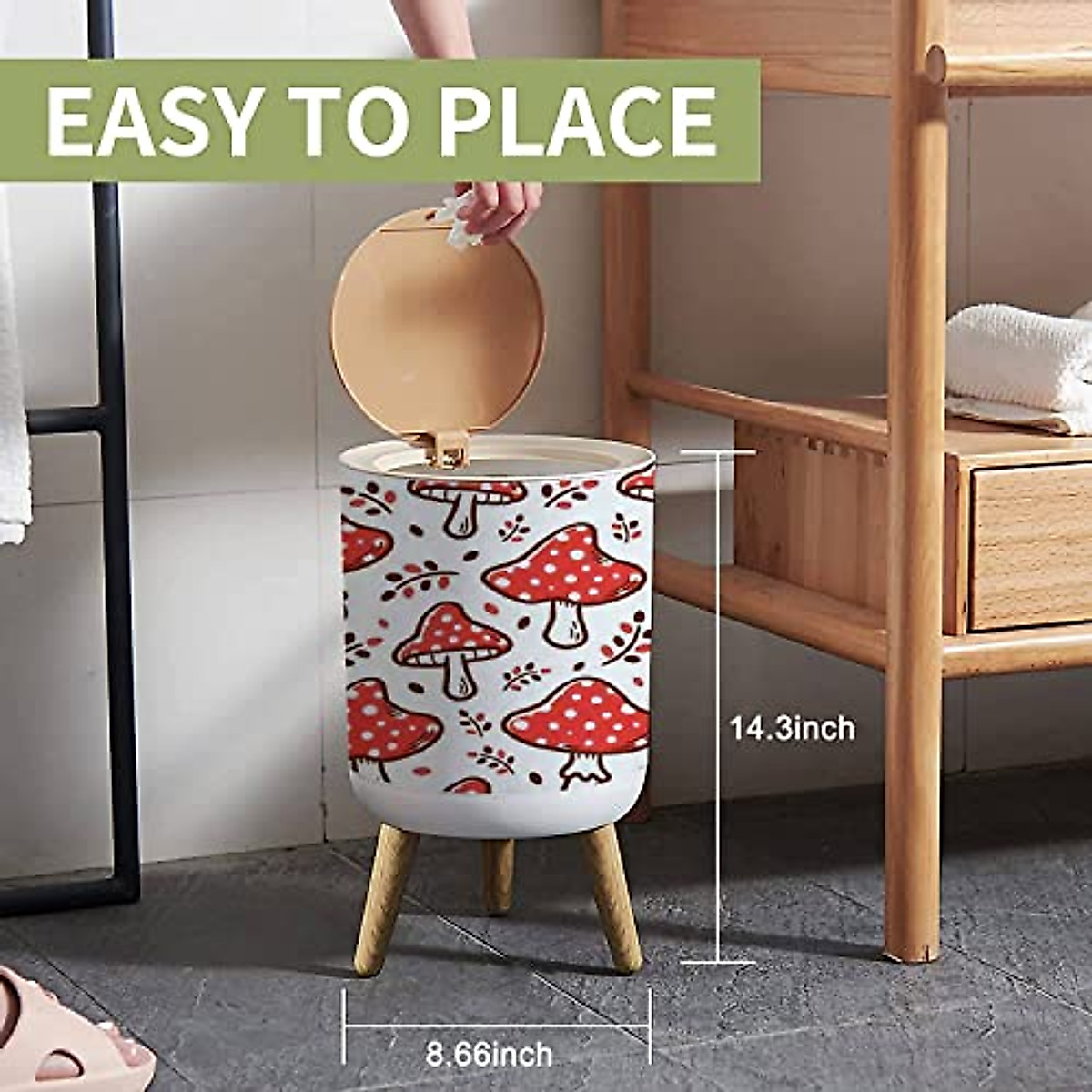 Small Trash Can with Lid mushroom seamless hand drawing doodle cartoon icon design mushroom Garbage Bin Wood Waste Bin Press Cover Round Wastebasket for Bathroom Bedroom Kitchen 7L/1.8 Gallon