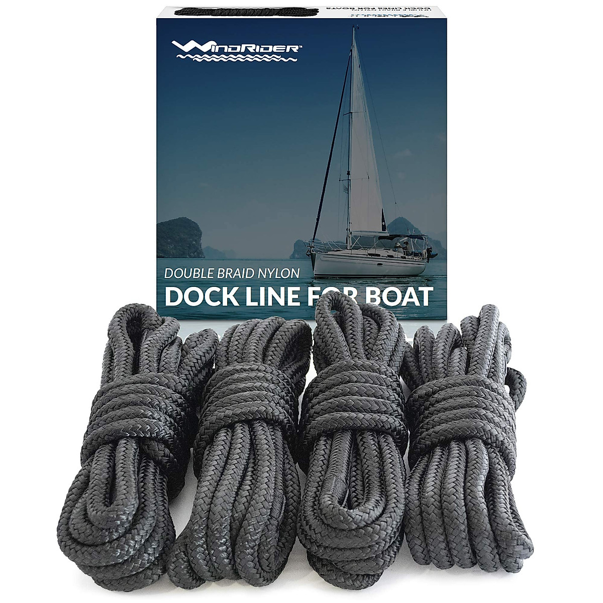 Dock Lines for Boats - 4 Pack of 3/8" x 15 Ft Double Braided Nylon Rope with 12-Inch Eyelet Whipped Ends – Marine lines Grade Black Rope for Docking, Mooring, and Securing Boats