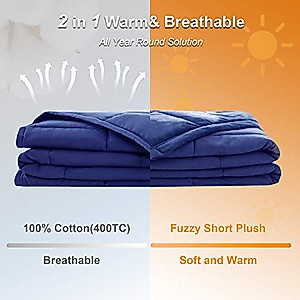 HAOWANER Reversible Weighted Blanket Cool Cotton Top+Soft Minky Bottom, 15lbs Plush Blankets for Twin/Full Size(48"x72") Bed, Premium Fleece Weight Comforter with Fluffy Heavy Throw for Adult, Blue