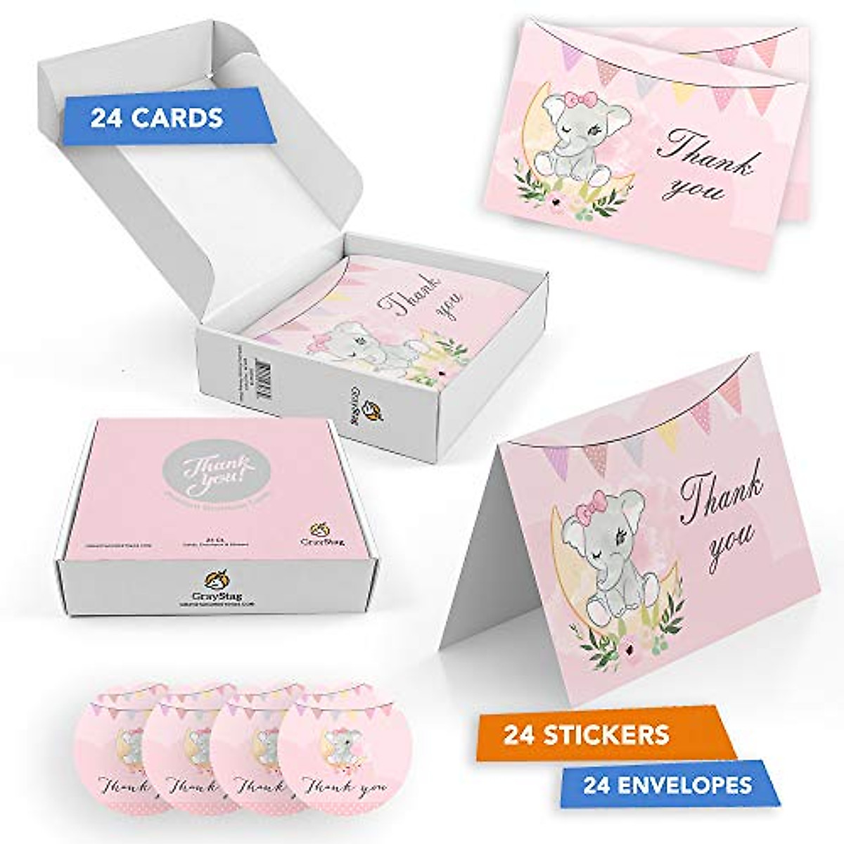 Thank You Baby Shower Card for Girls - UV Emboss Matt Finish. 24 Pack Pink Elephant Baby Girl Cards. Girl Sprinkle Thank You Cards with Envelopes & Stickers.