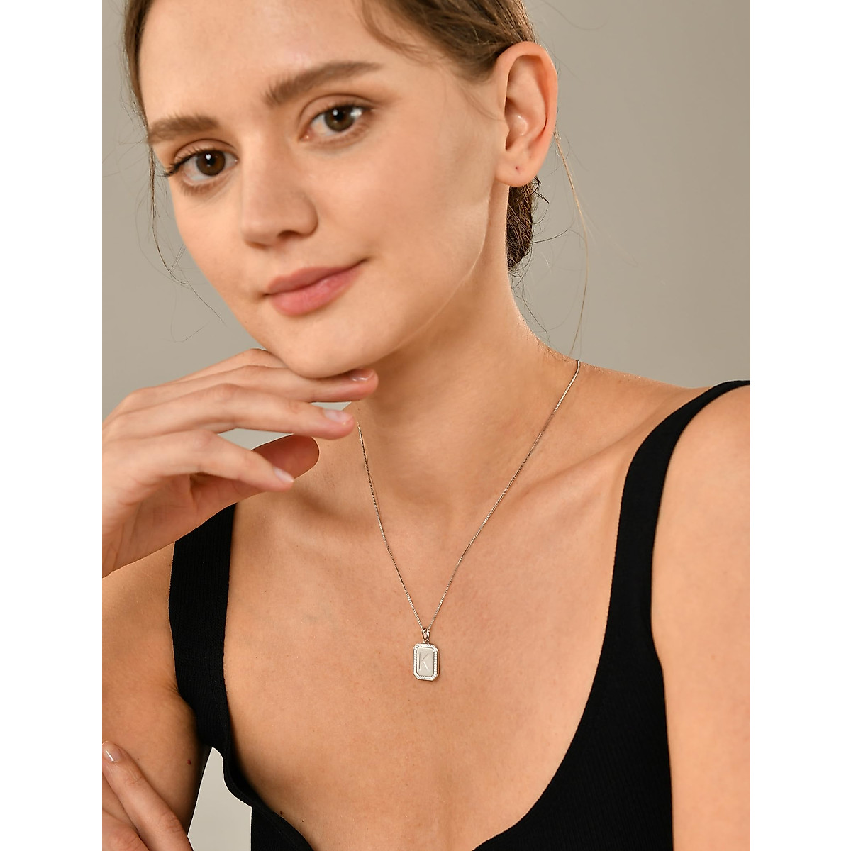 YL Initial Necklace for Women 925 Sterling Silver Rectangle Pendant Halo Polished R Letter Jewelry