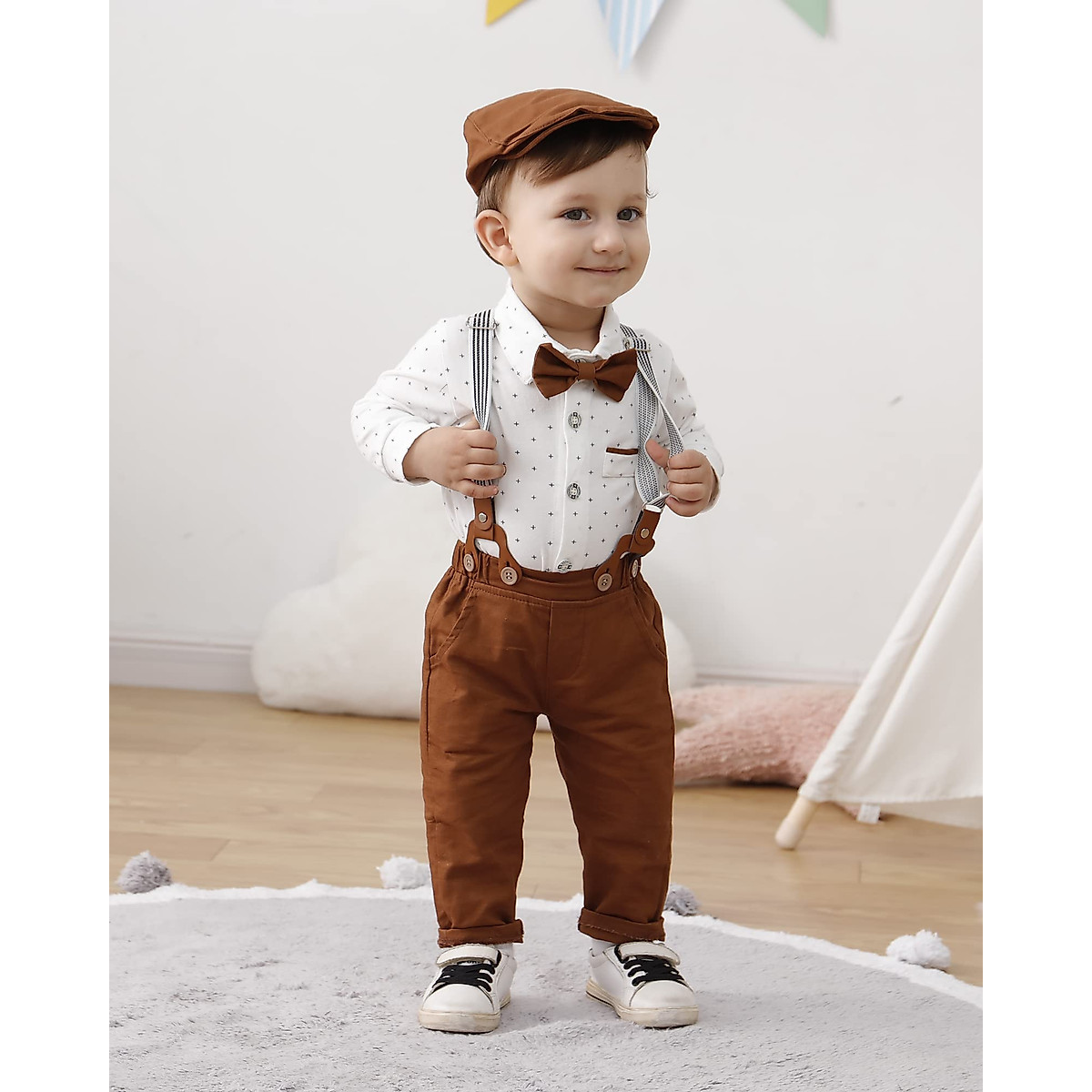 ZOEREA Baby Boy Suit Clothes Set Infant Tuxedo Long Sleeve Gentleman Outfits+Suspender Pants+Bowtie+Beret Hat 6-12 Months