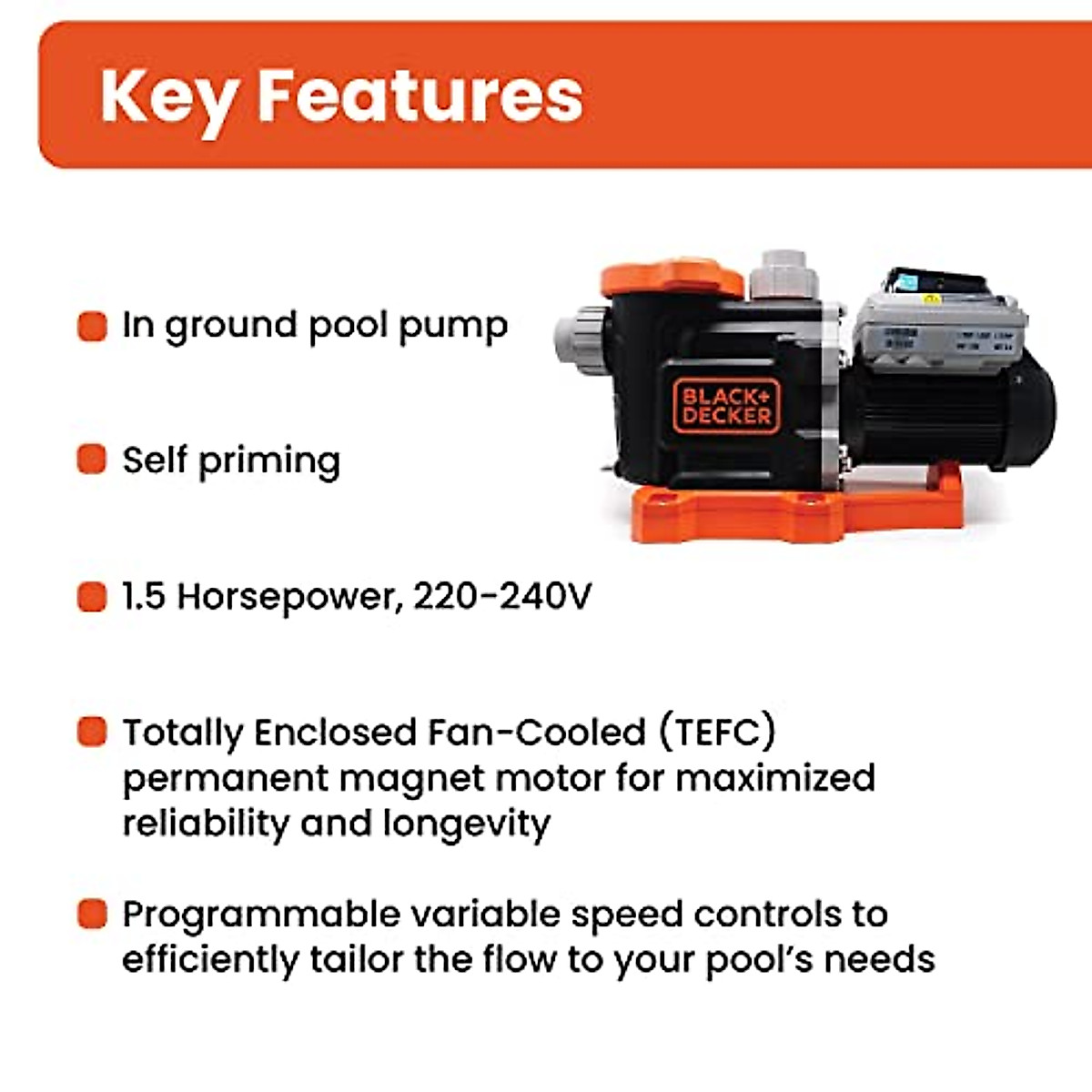 BLACK+DECKER Variable Speed Pool Pump Inground with Filter Basket, 1.5 HP
