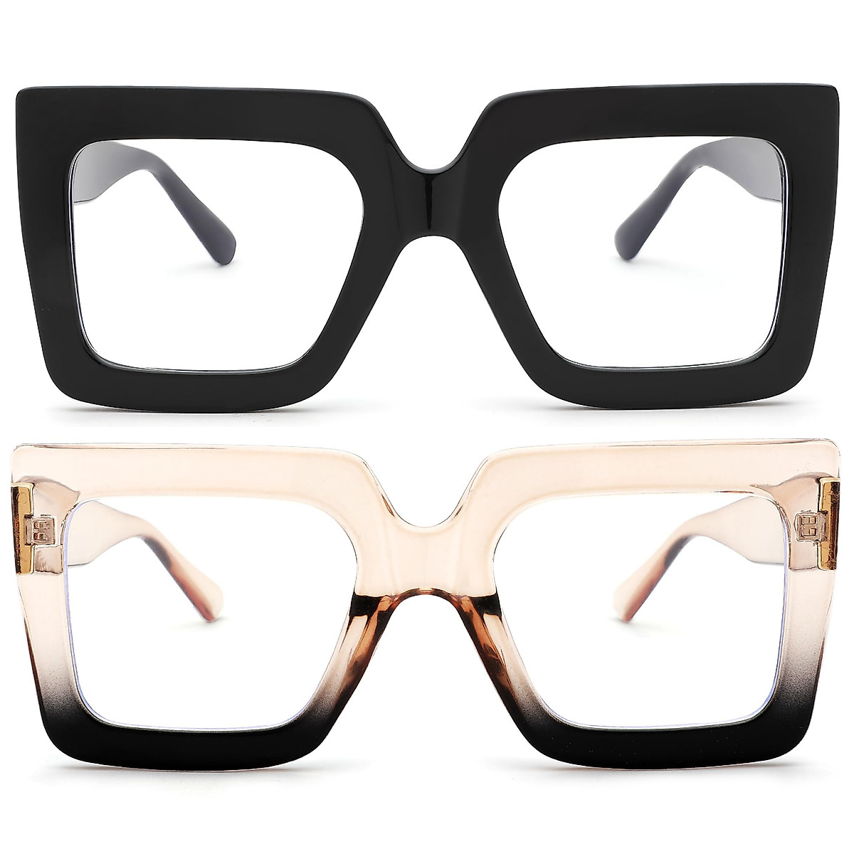 gentlemaker Oversized Blue Light Glasses for Women - Fashion Square Big Frame Non-Prescription Clear Eyewear(Black+Champagne Black)