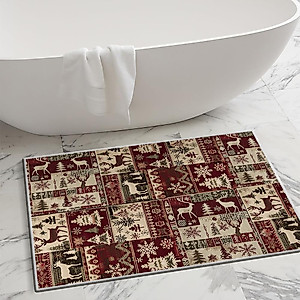 Artoid Mode Rustic Buffalo Deer Xmas Tree Snowflakes Christmas Area Rug, Winter Home Decor Low-Profile Non-Slip Washable Door Mat for Entryway Bedroom Living Room Laundry Room Indoor 2x3 Feet