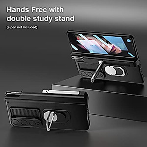 Libeagle Compatible with Samsung Galaxy Z Fold 3 Case, Heavy Duty Protective, Camera Lens Cover, S Pen Holder & Hinge Protection, Screen Protector, Safe to Hold with Ring, Rugged Stand 5G 2021-Black