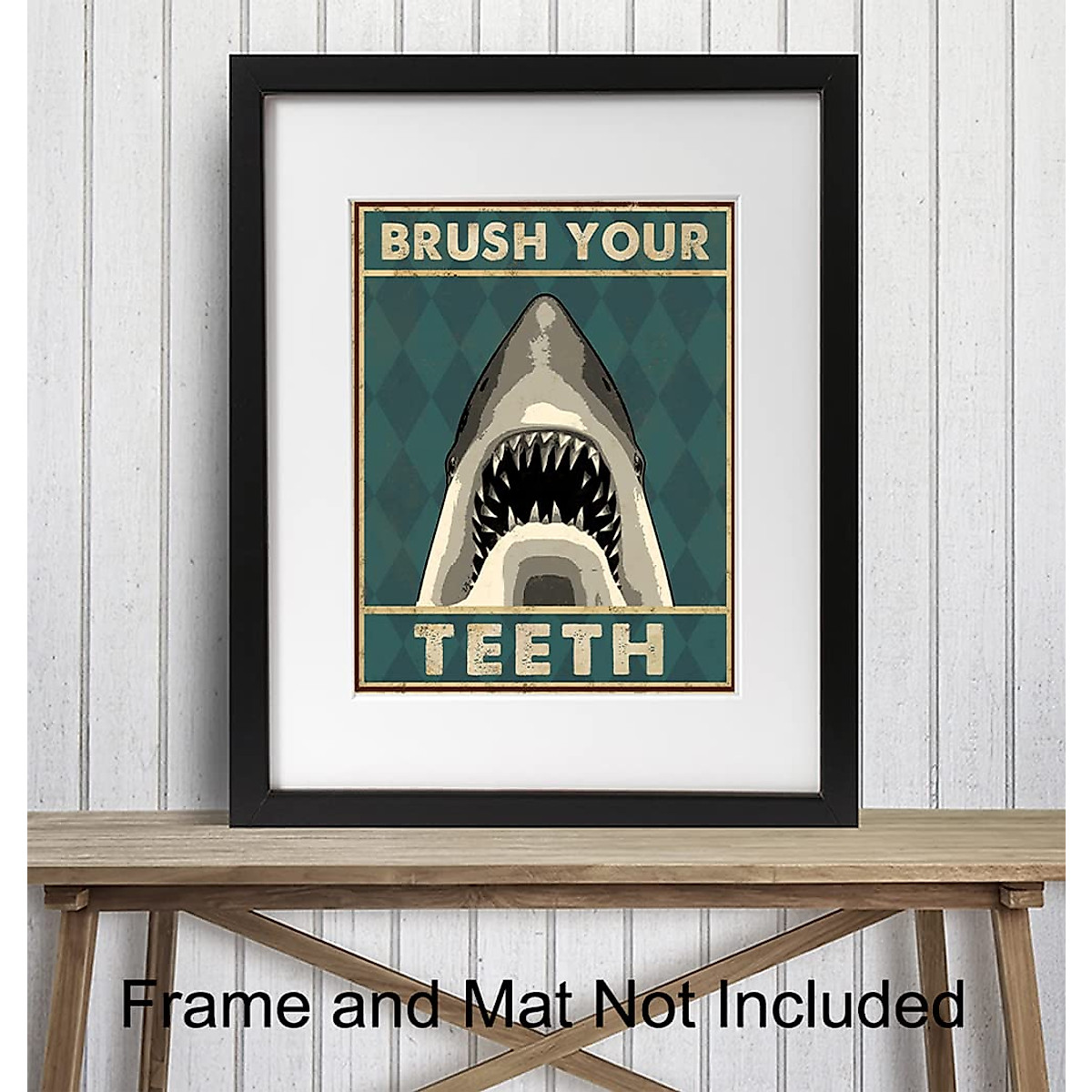 Boys Bathroom Wall Art & Decor - Brush Your Teeth Kids Bathroom Decor - Beach Bathroom Decor - Funny Shark Bathroom Decor - Bath Wall Decor - Unique Restroom Sign - Bathroom Pictures Poster Prints