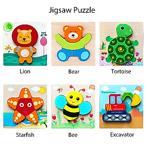 Wooden Toddler Puzzles, Montessori 6 Pack Animal Shape Jigsaw Puzzles for Child Kids Preschool Learning Educational Toys Gifts for 1 2 3 Year Old Boys Girls