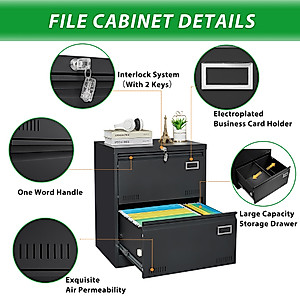 Nanberone Lateral File Cabinet, 2 Drawer Metal Lateral Filing Cabinet Hanging File with Lock for for Legal/Letter/F4 Size, Large Printer Stand Lockable File Cabinets for Home Office School, Black