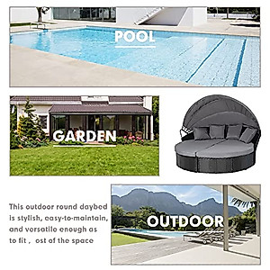 Crownland Outdoor Patio Canopy Bed Round Daybed with Washable Cushions, Clamshell Sectional Seating Wicker Furniture with Retractable Canopy Furniture for Backyard, Porch, Pool Round Bed (Black)